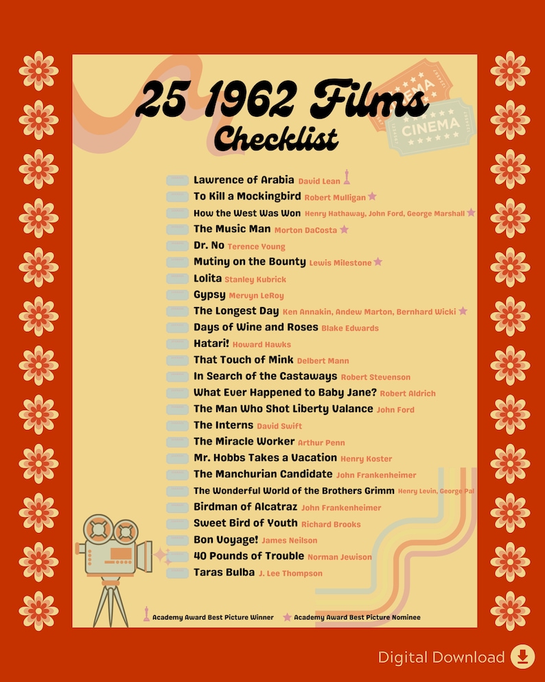 1962 Film Checklist 60s Movies Tracker Feature Film Challenge Classic ...