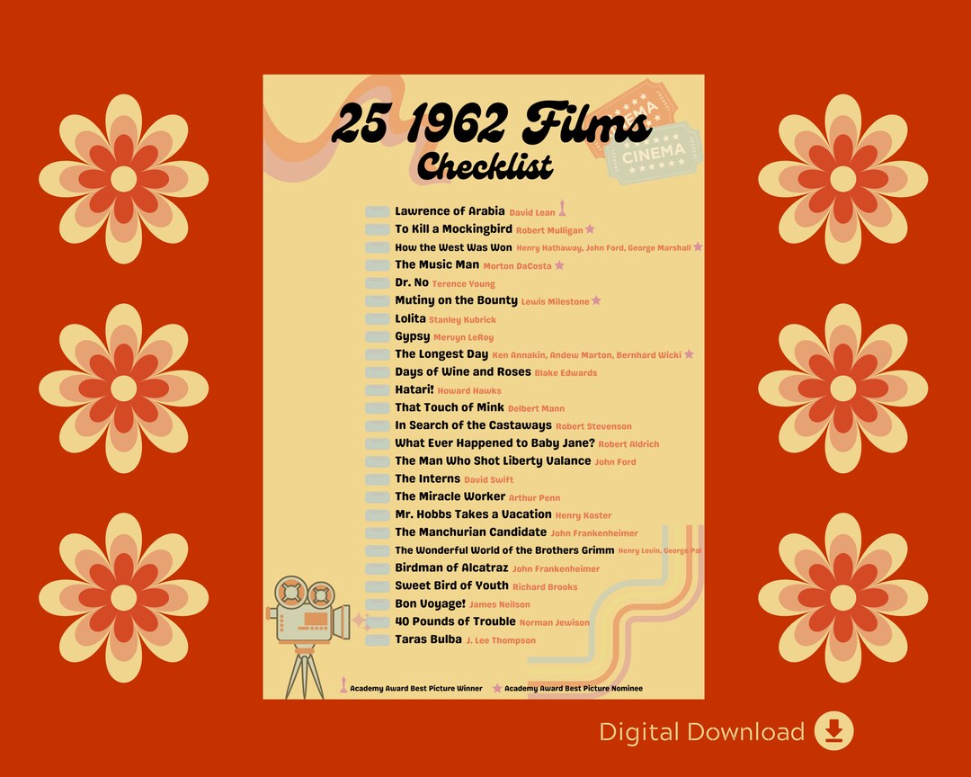 1962 Film Checklist 60s Movies Tracker Feature Film Challenge Classic ...