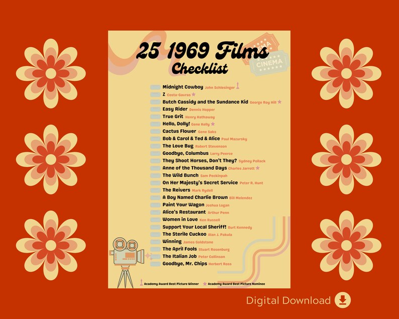 1969 Film Checklist 60s Movies Tracker Feature Film Challenge Classic ...