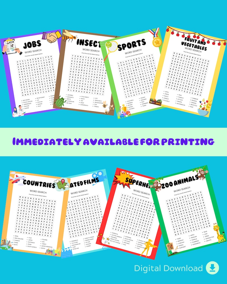 8 Printable Word Searches for Kids Children's Wordsearch Puzzles for ...