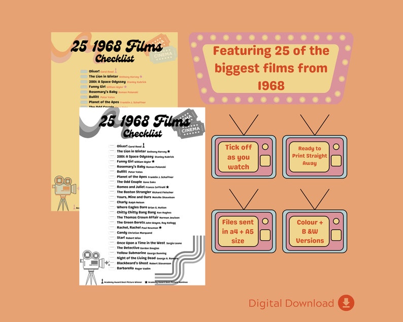 1968 Film Checklist 60s Movies Tracker Feature Film Challenge Classic ...
