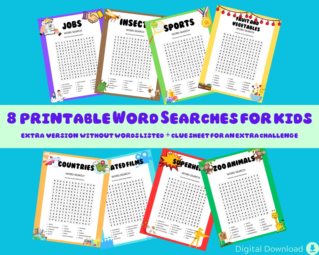8 Printable Word Searches for Kids Children's Wordsearch Puzzles for ...