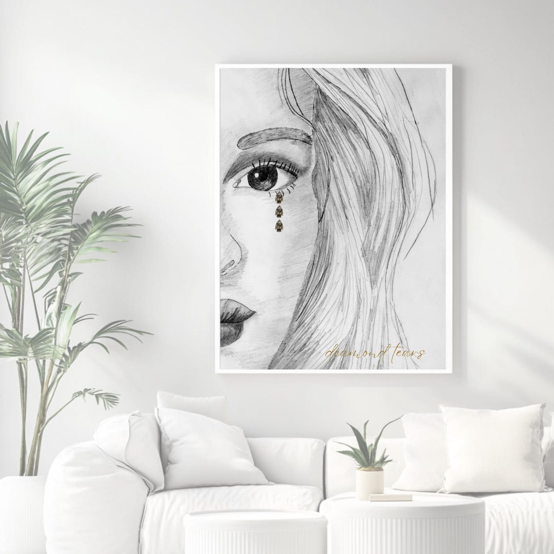 Diamond Tears Print: Woman's Black & White Pencil Drawing (digital ...