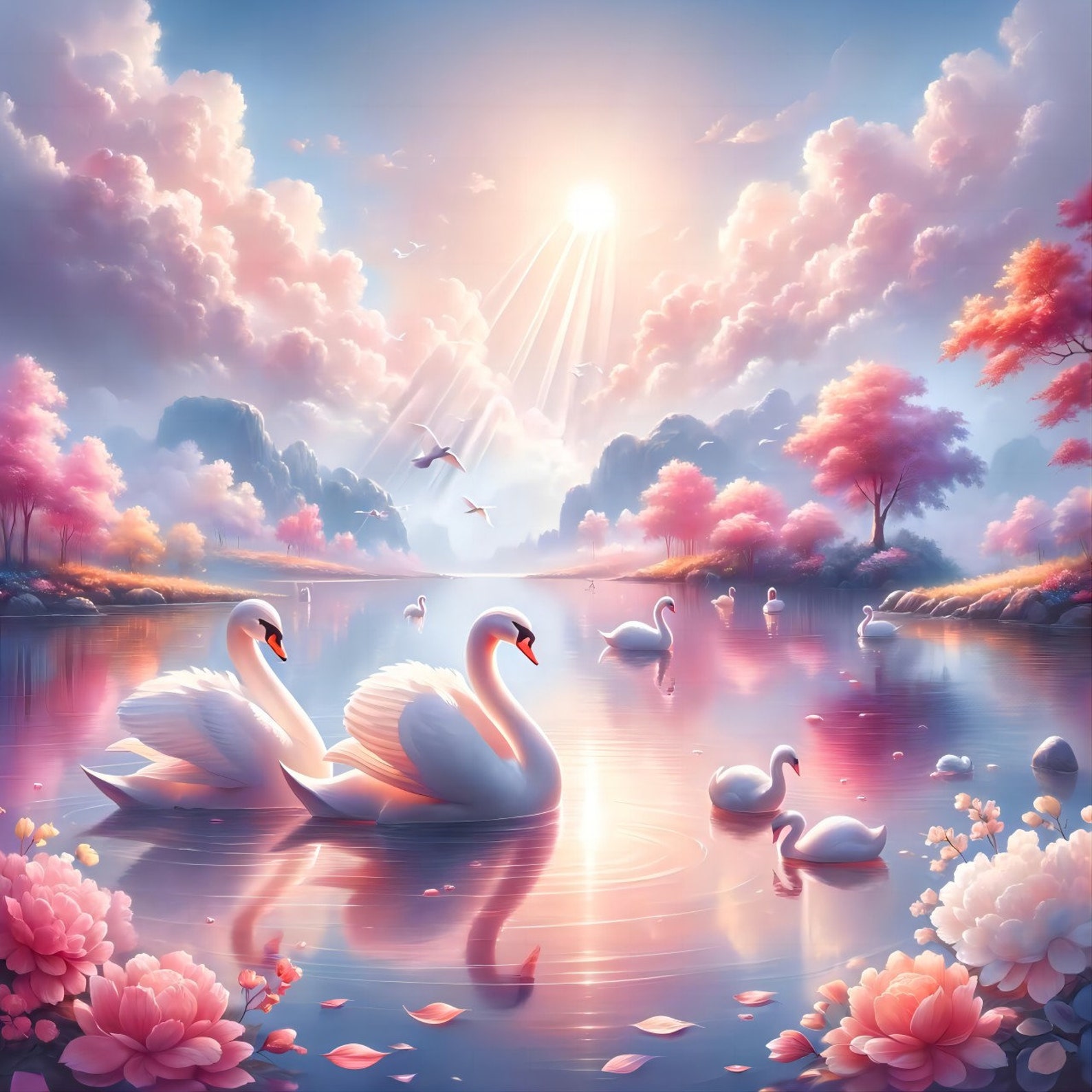 12enchanted Swan Lake Canvas Print, Serene Waterbird Wall Art, Dreamy ...