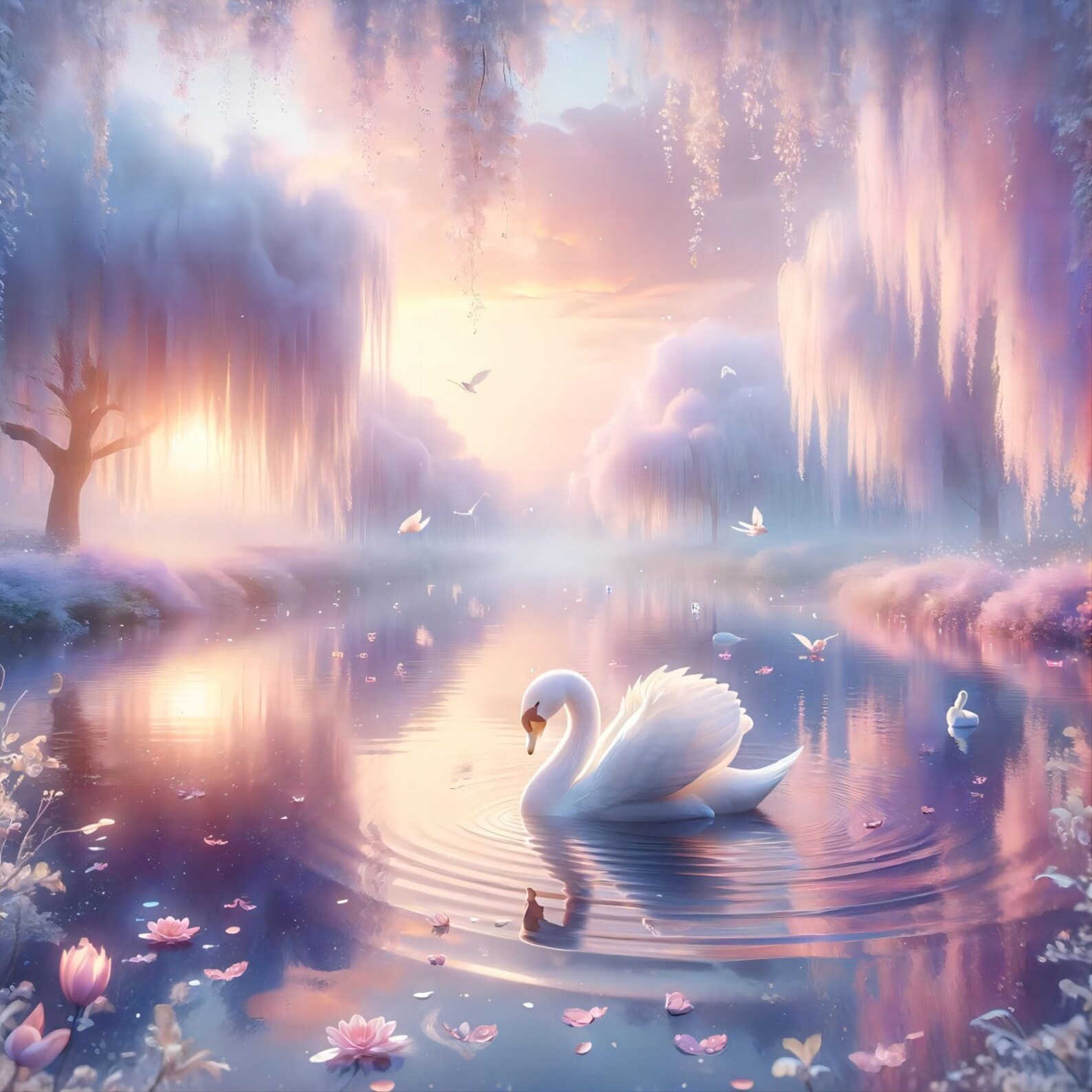 12enchanted Swan Lake Canvas Print, Serene Waterbird Wall Art, Dreamy ...