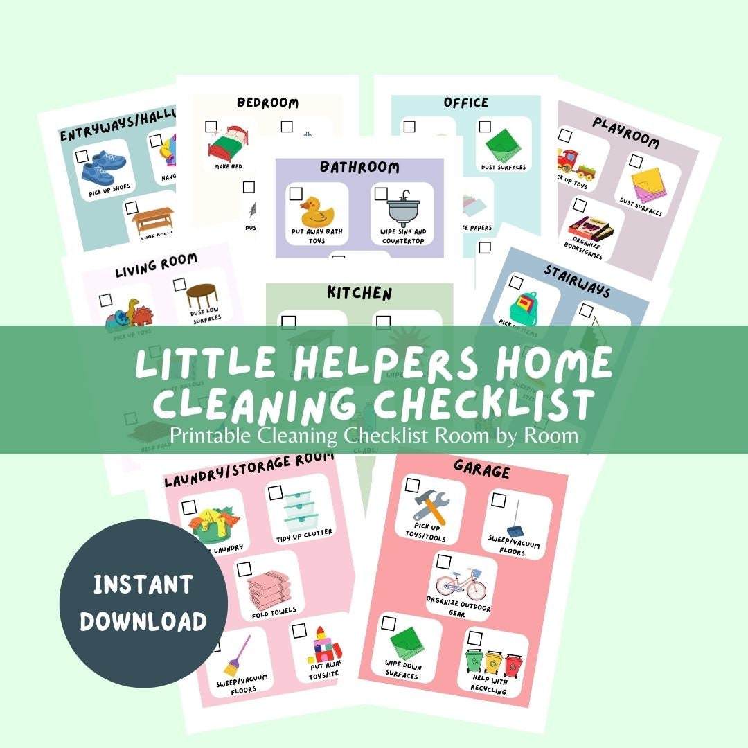 Room by Room Kids Cleaning Checklist, Printable House Chores, Weekly ...