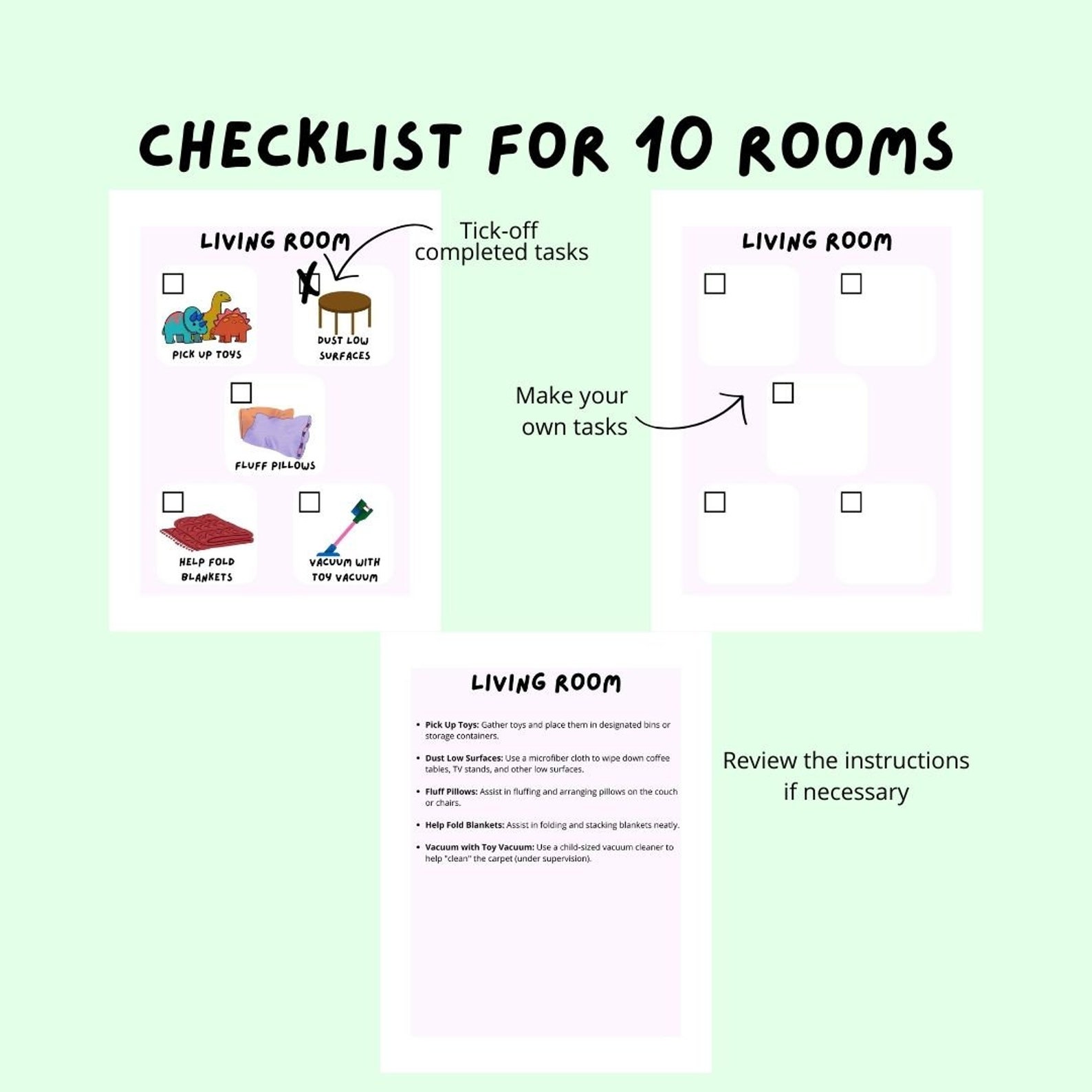 Room by Room Kids Cleaning Checklist, Printable House Chores, Weekly ...