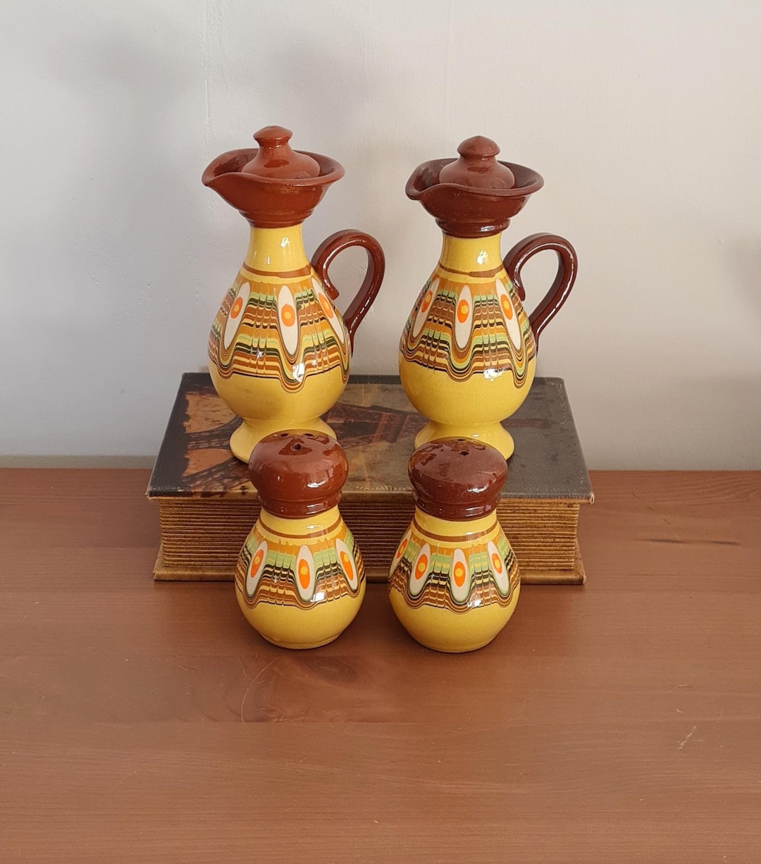Vintage Bulgarian Troyan Pottery Set Yellow Dripware Pitchers & Shakers ...