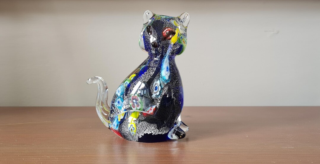 Art Glass Cat Paperweight Millefiori Glass Cat Cobalt Blue Vintage Art ...