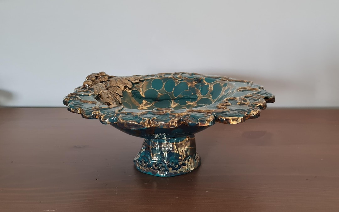 Vintage Studio Pottery Compote Dish Fancy Footed Bowl Gold Green - Etsy