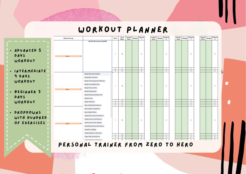Workout Planner for Google Spreadsheet, 6 Weeks, 3 Workout Plans ...