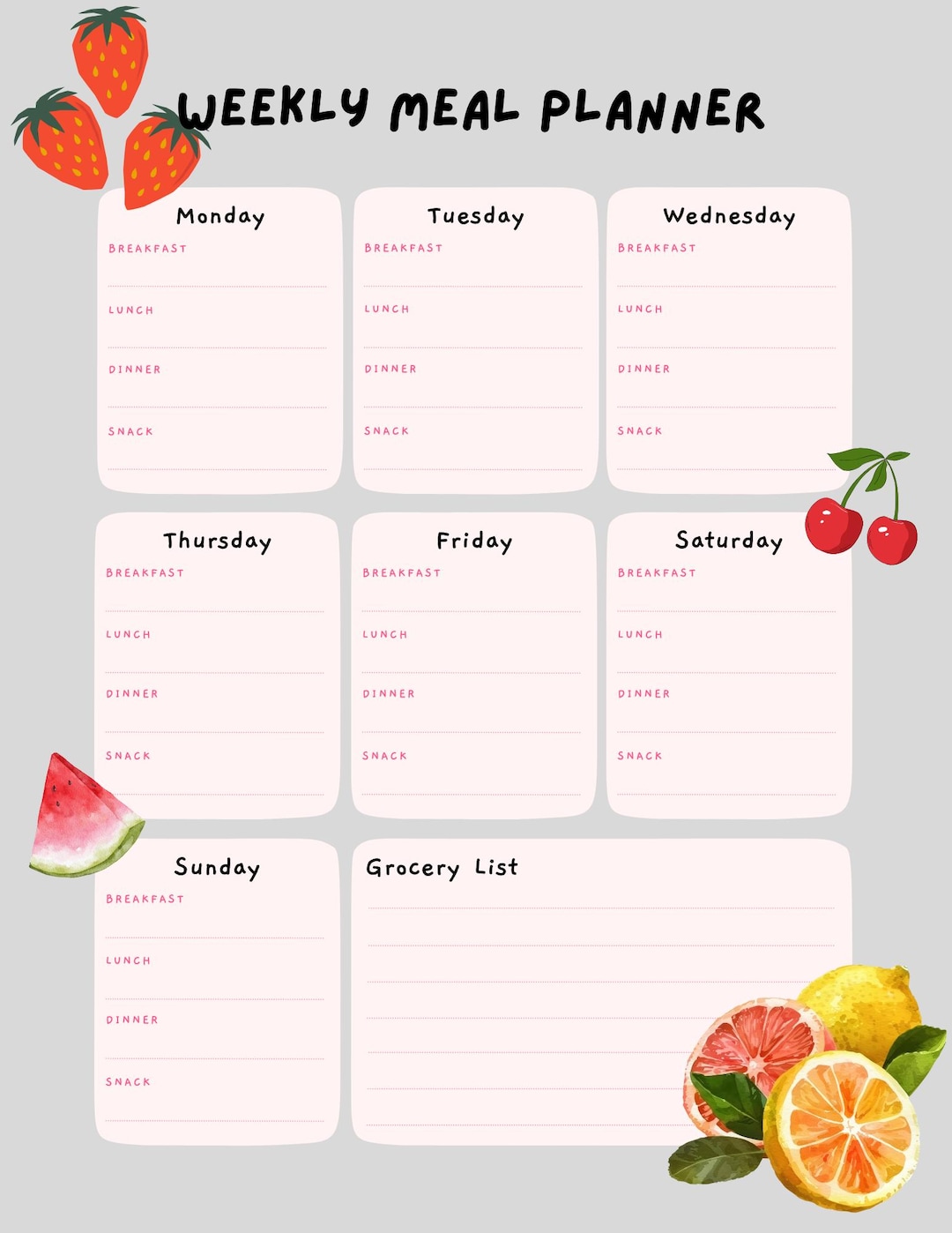 Printable Weekly Meal Planner – Cute Fruit Aesthetic Meal Organizer ...