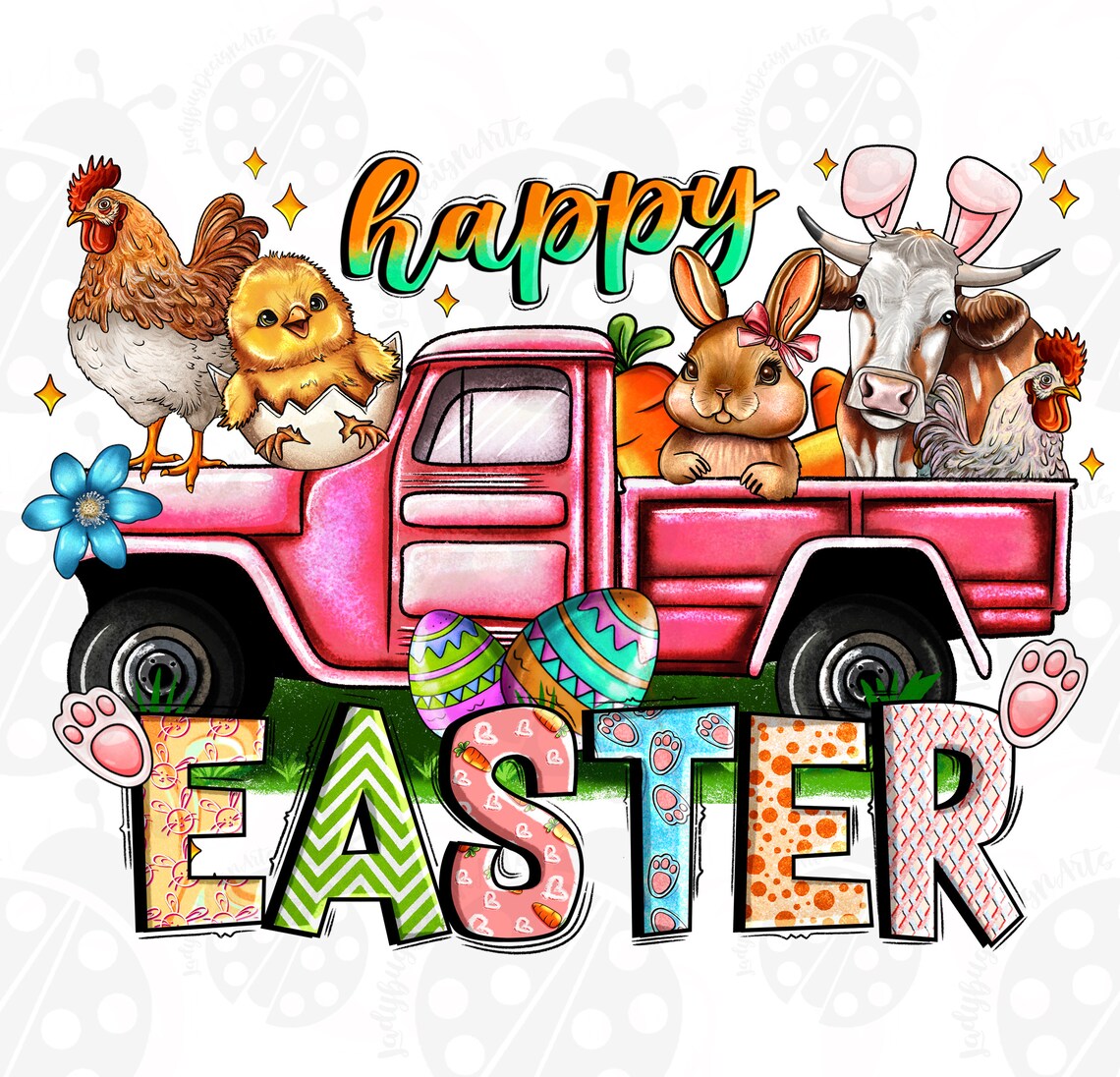 Happy Easter Truck With Animals Farm Png Sublimation Design Download ...