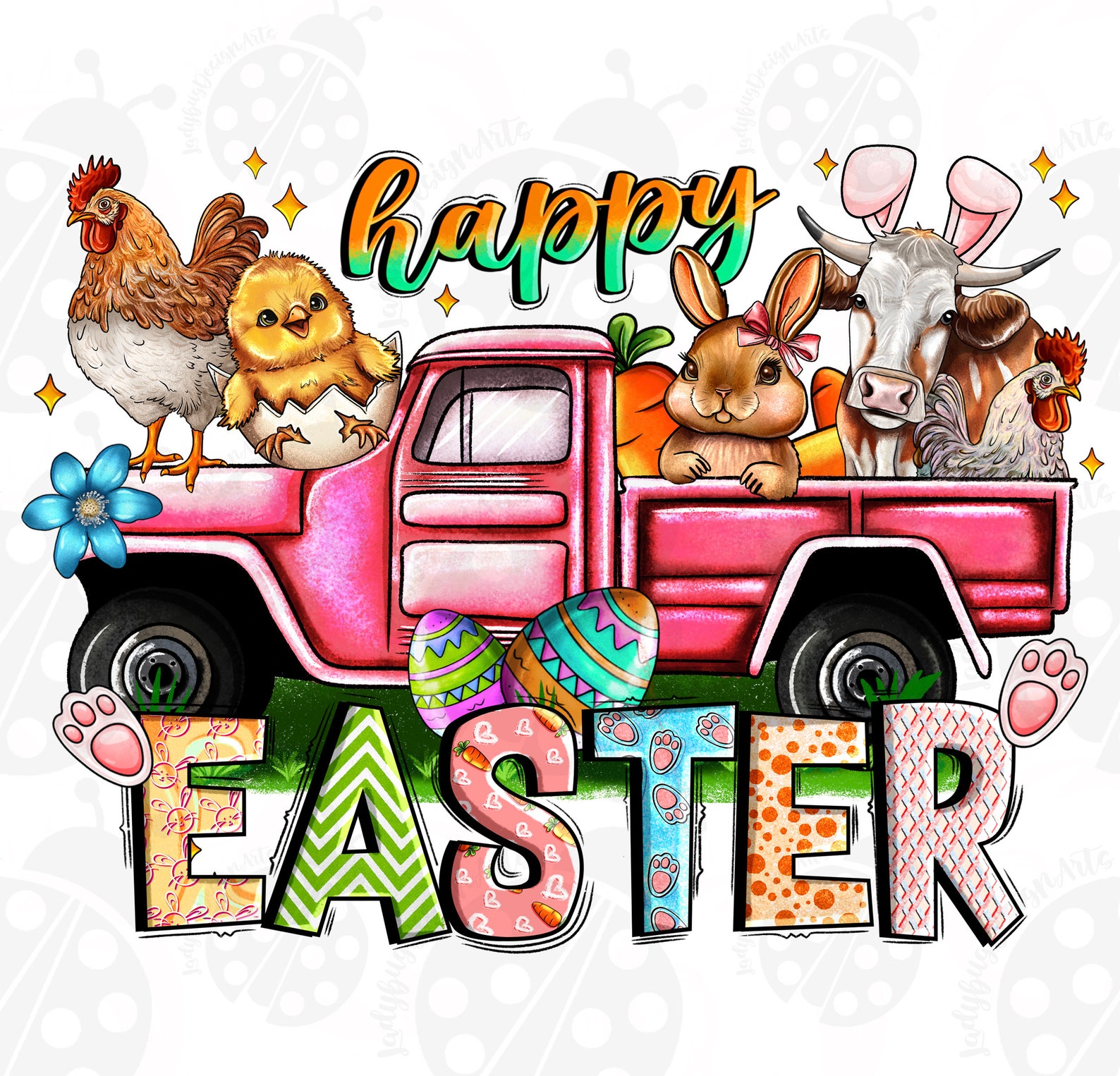 Happy Easter Truck With Animals Farm Png Sublimation Design Download ...