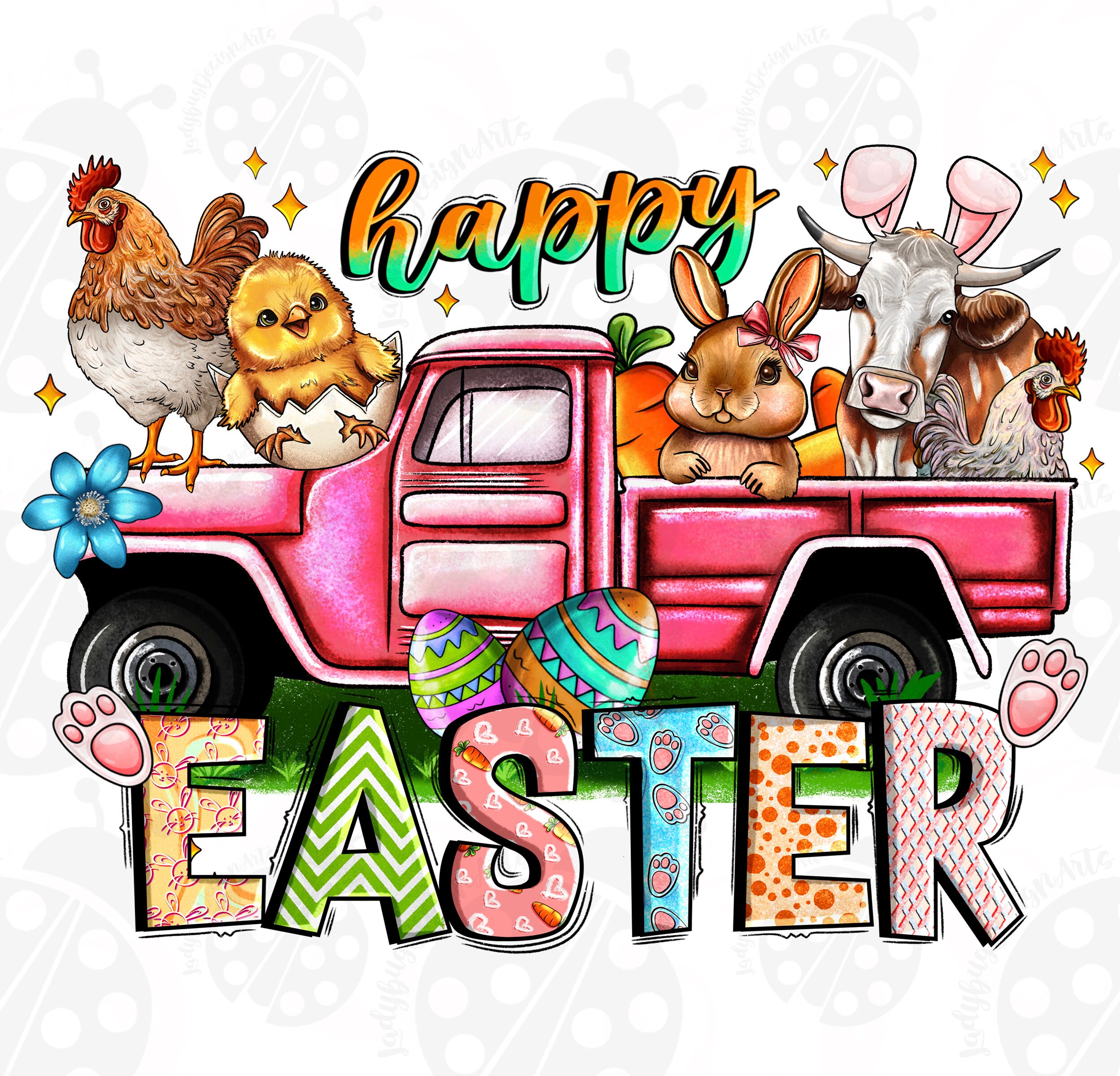 Happy Easter Truck With Animals Farm Png Sublimation Design Download ...