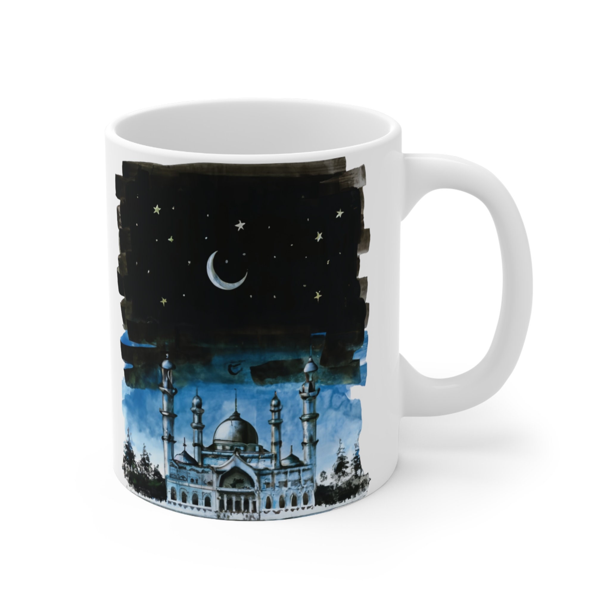 Mug With Watercolour Painting of Mosque Starry Night Crescent Moon ...