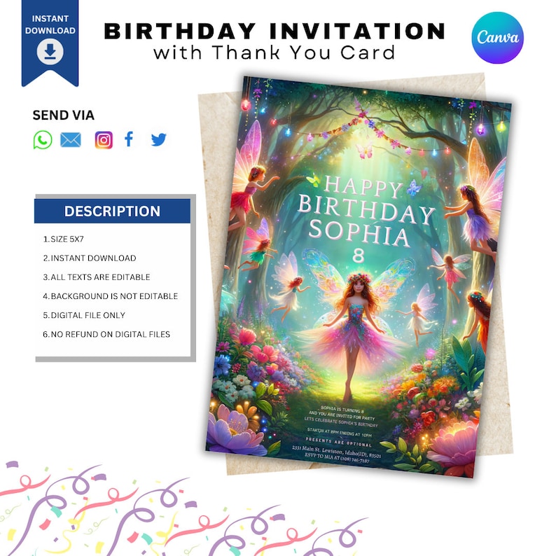 Fairy Birthday Party Invitation Template Instant Download Digital File ...