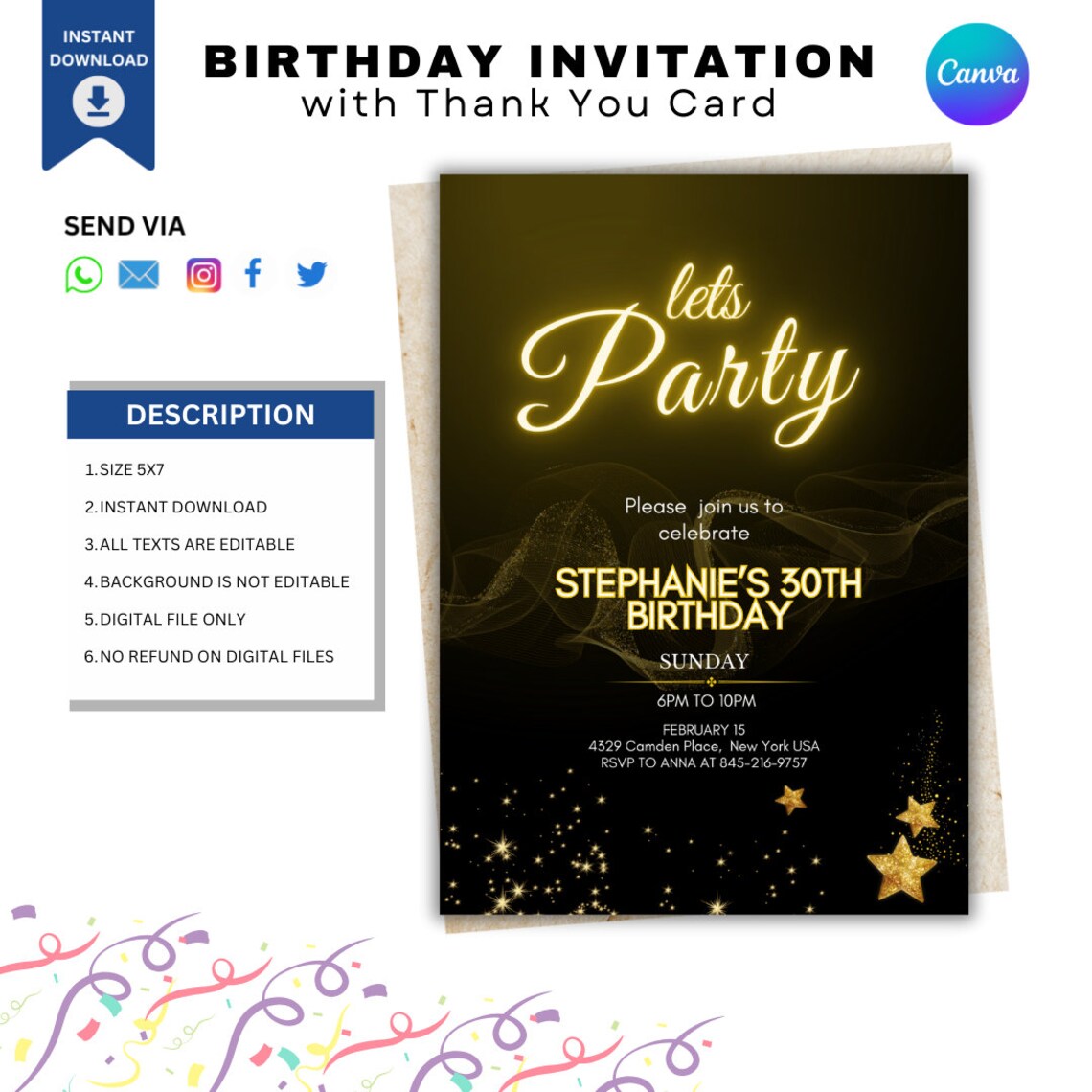 Editable Birthday Party Invitation Template: Elegant Celebration ...