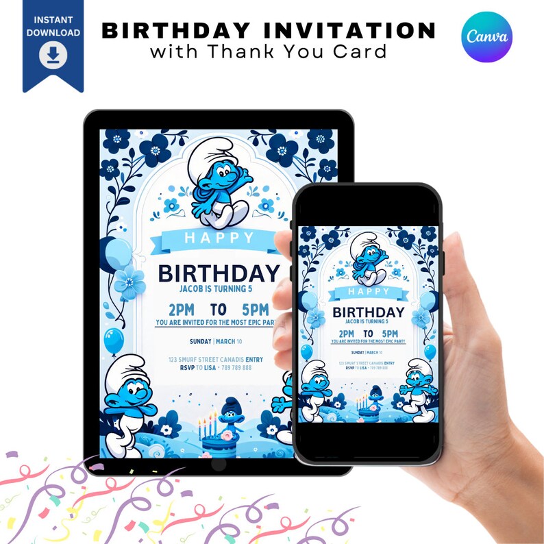 Editable Smurfs Birthday Invitation: Fun Party Template (CANVA) - Etsy