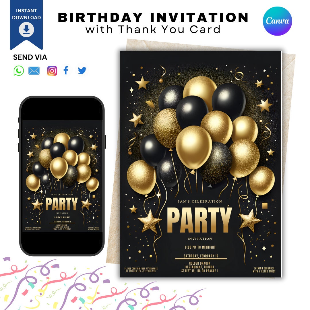 Editable Black & Gold Invite, Dinner Invite or Any Invitation, Birthday ...