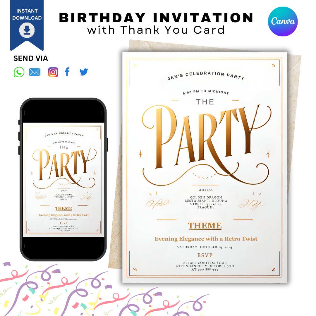 Editable White & Gold Invite, Dinner Invite or Any Invitation, Birthday ...