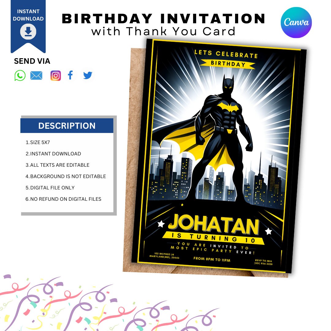 Birthday Template, Birthday Invitation, Superhero Party Invitation ...