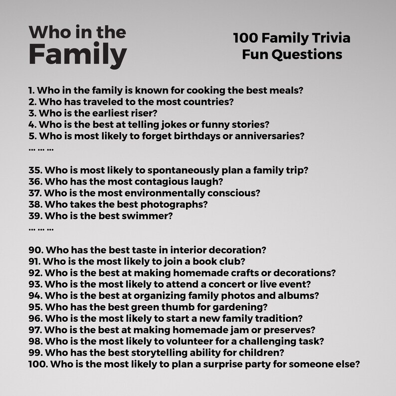 Who in the Family Trivia Questions - Etsy
