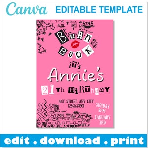 Burn Book Invitation Birthday Editable Canva Template, Burn Book ...