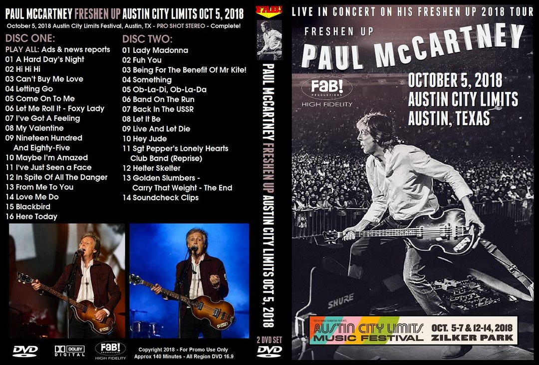 PAUL Mccartney Freshen up Austin City Limits 10/5/2018 2 DVD - Etsy