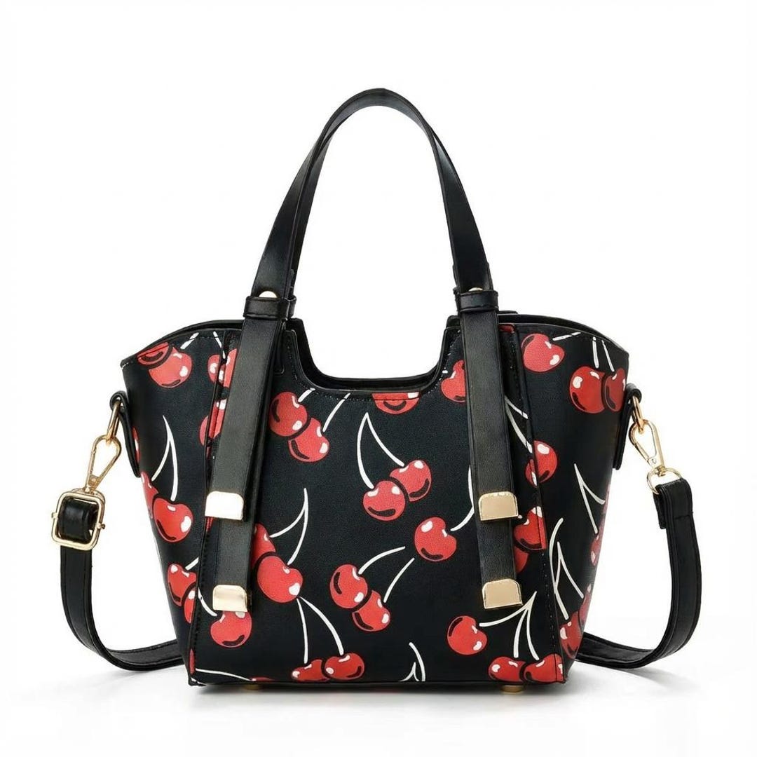 Black Cherry Print Handbag · Small Top Handle Satchel · Vegan Leather ...