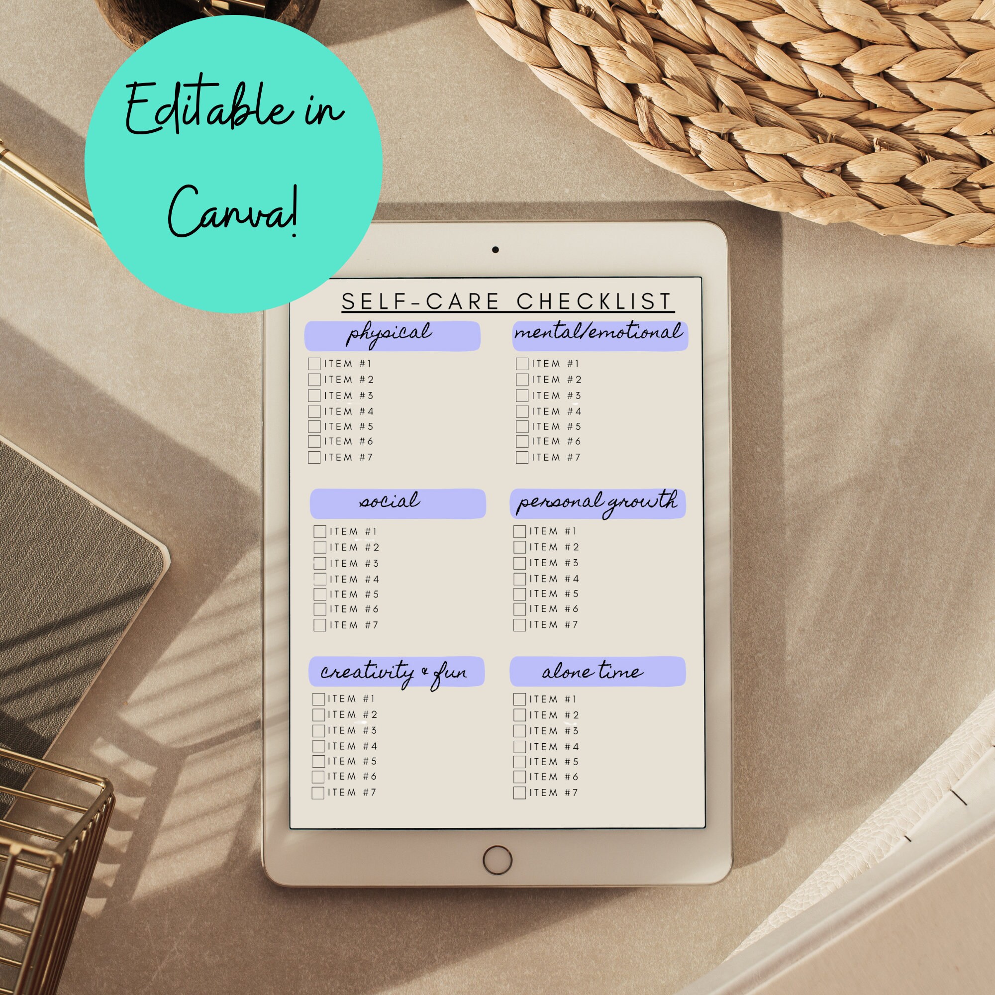 Editable Self Care Checklist Canva Self Care Planner Self Care
