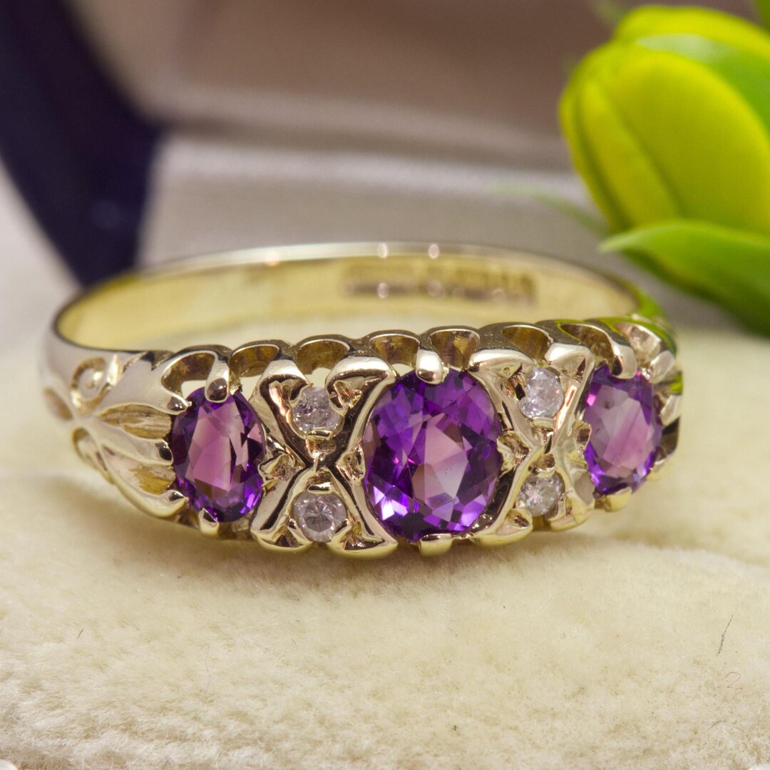 Vintage 1987 9ct Gold Amethyst & Diamond Gipsy Ring – UK Size L, US ...
