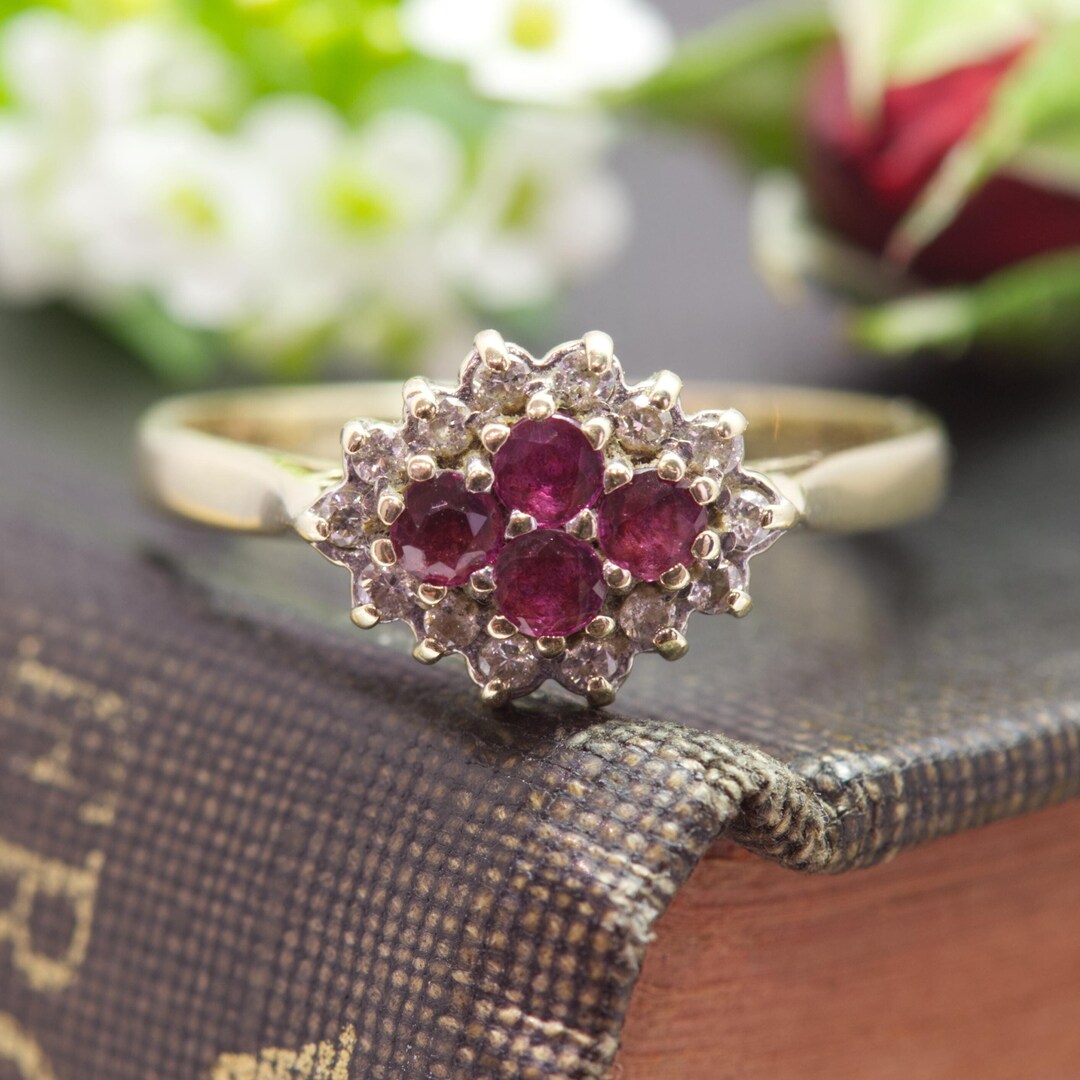 Vintage 1994 9ct Gold Ruby & Diamond (0.15tcw) Rhombus Cluster Ring ...