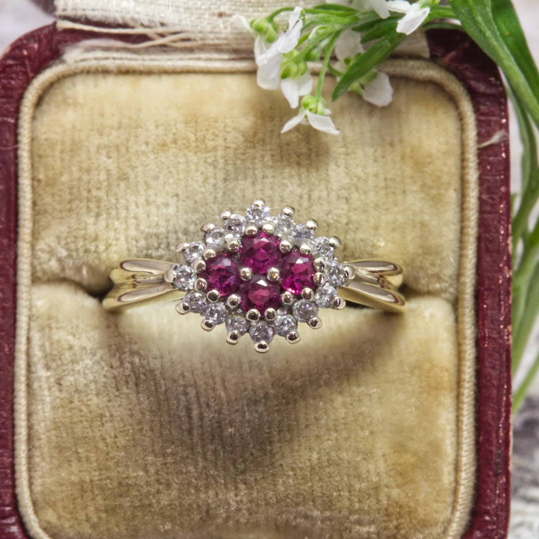 Vintage 9ct Gold Ruby & Diamond 0.24tcw Rhombus Cluster Ring With Split ...