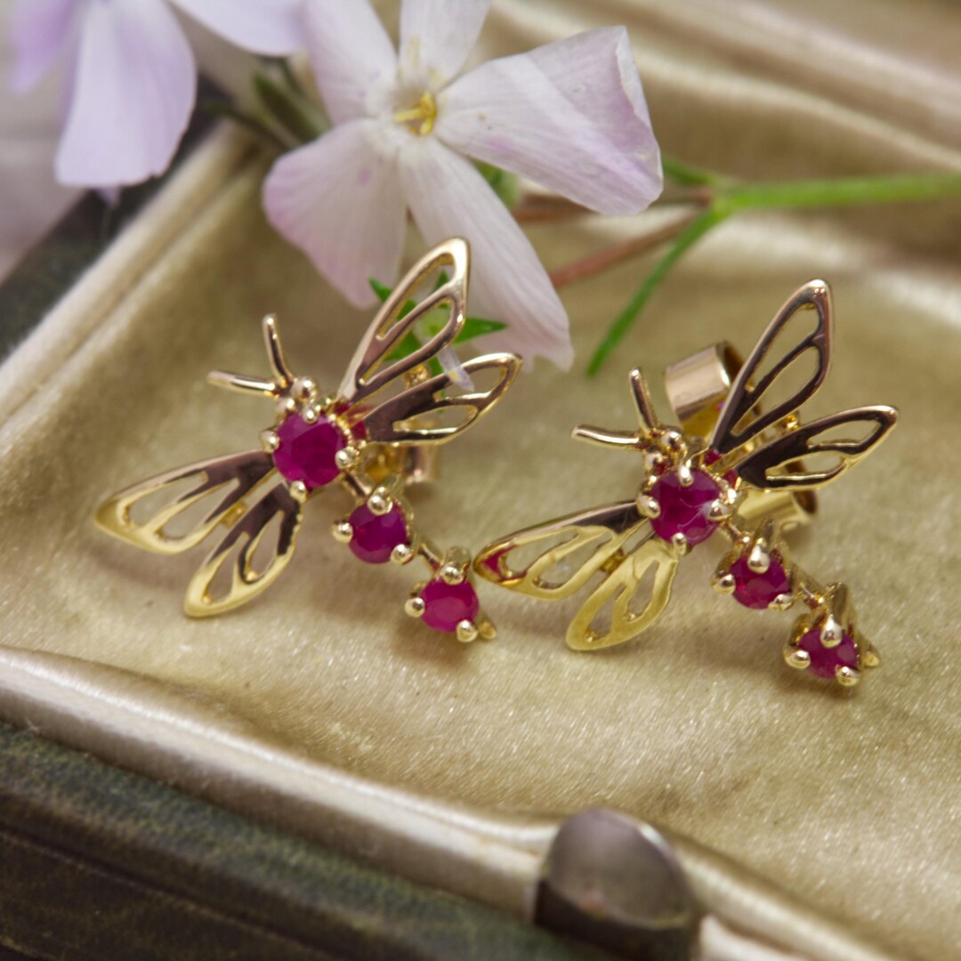 Vintage 9ct Gold & Ruby Dragonflies Stud Earrings - 1.3g - Etsy