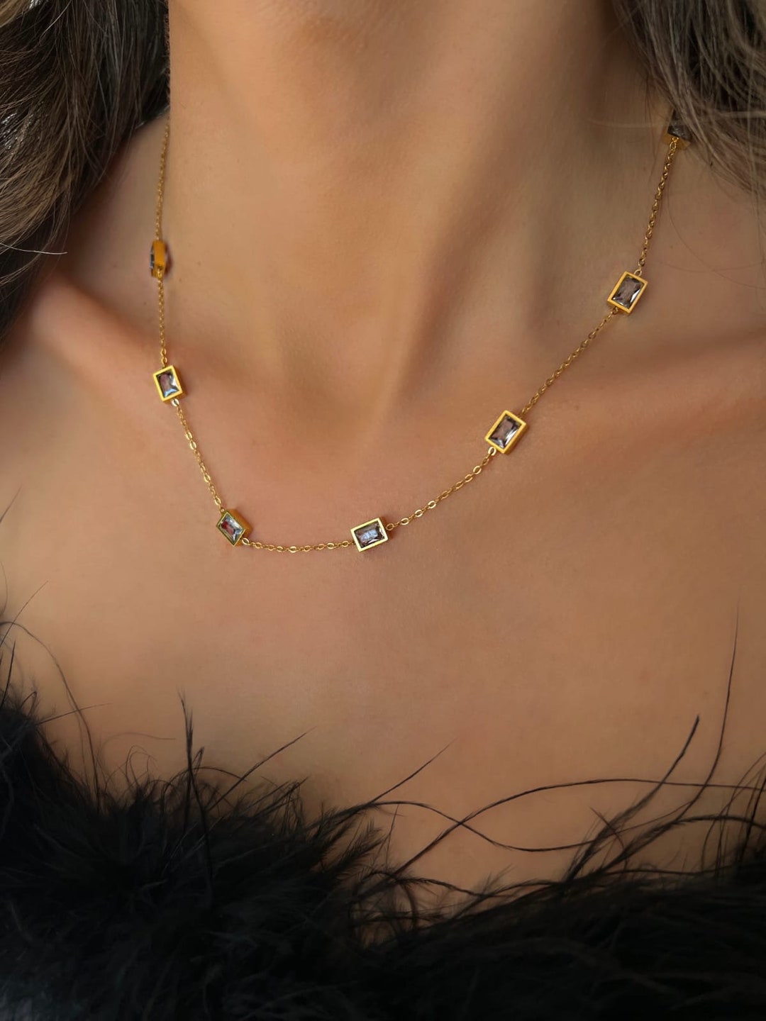 Baguette Diamond Station Necklace Caitlyn Minimalist Elegant Crystal ...