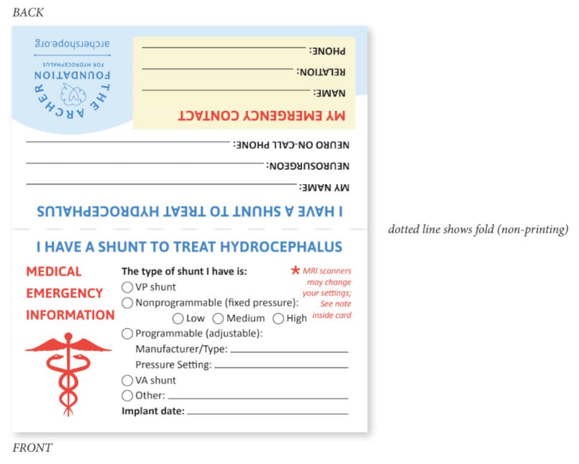 Hydrocephalus Emergency Medical Information Cards - Pack of 5 | Shunt ...