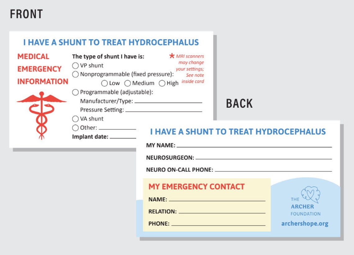 Hydrocephalus Emergency Medical Information Cards - Pack of 5 | Shunt ...
