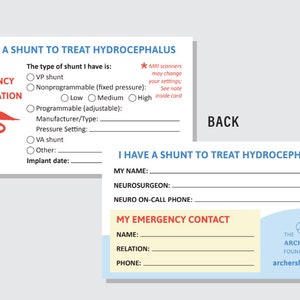 Hydrocephalus Emergency Medical Information Cards - Pack of 5 | Shunt ...