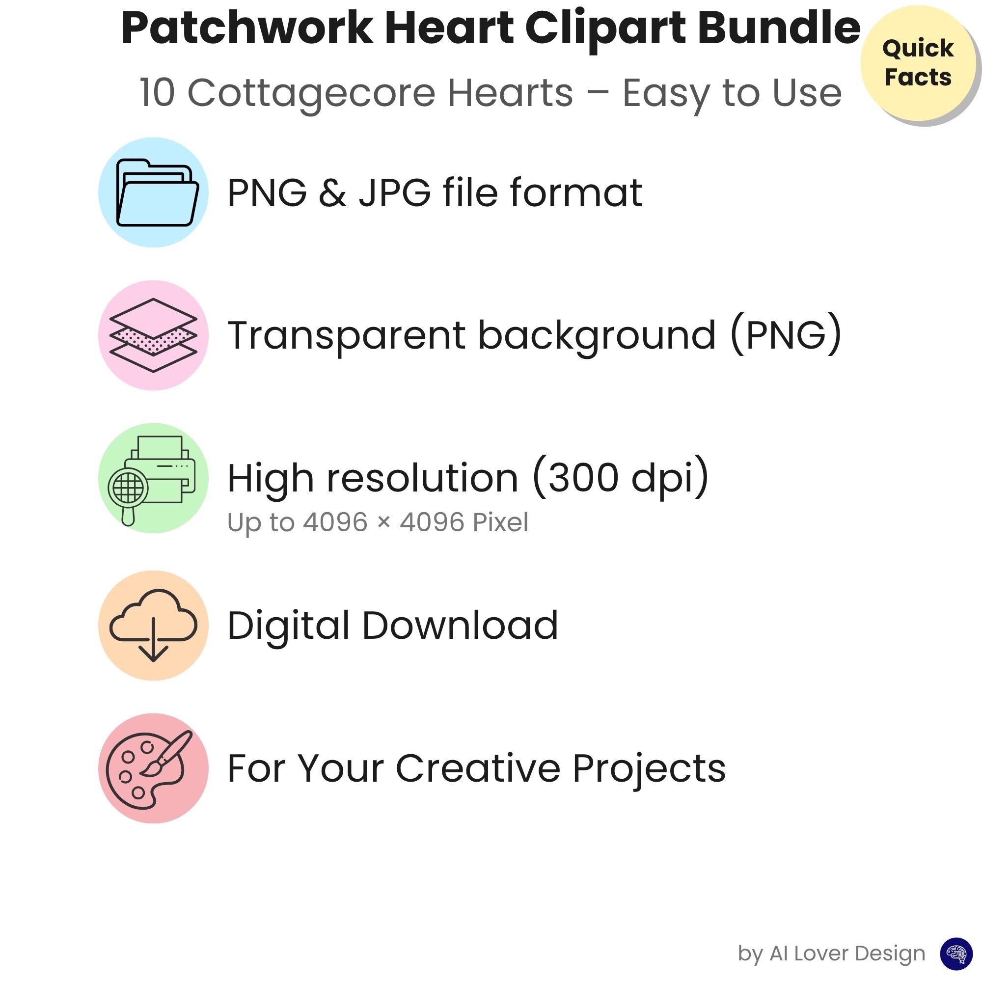 Cottagecore Patchwork Heart Clipart – 10 PNG & JPG Valentine Hearts ...