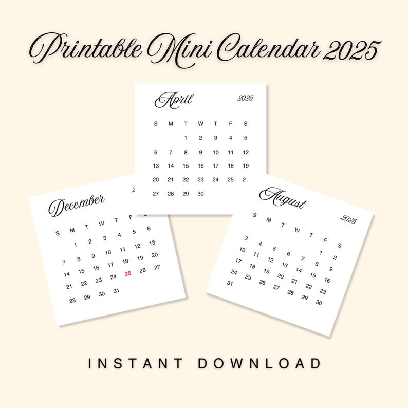 2025 Mini Calendar Printable: Elegant Pocket Planner (PDF, PNG) - Etsy