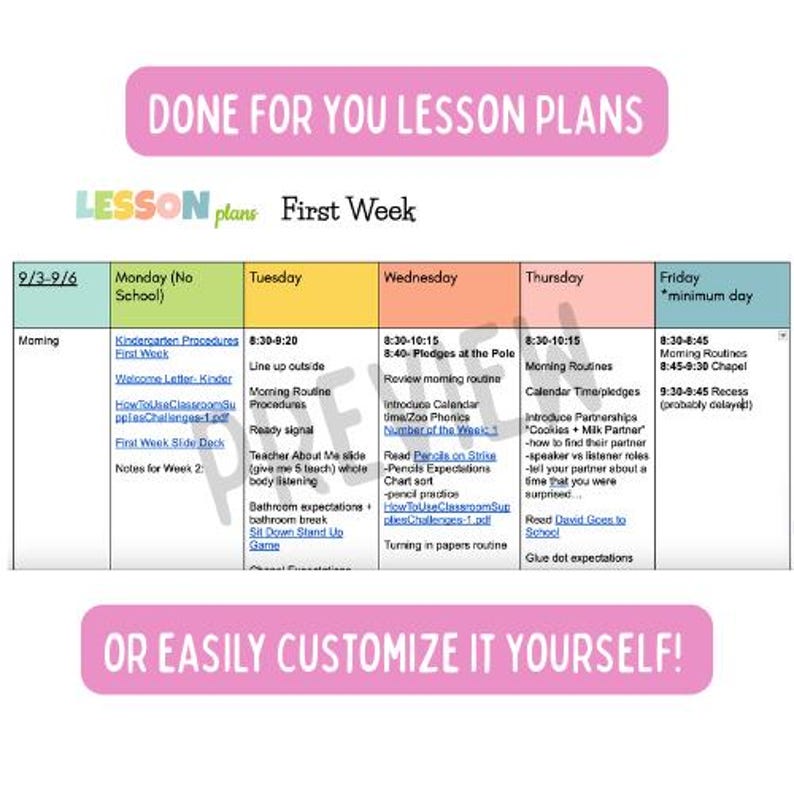 First Week of Kindergarten Lesson Plans Editable | Google Docs ...