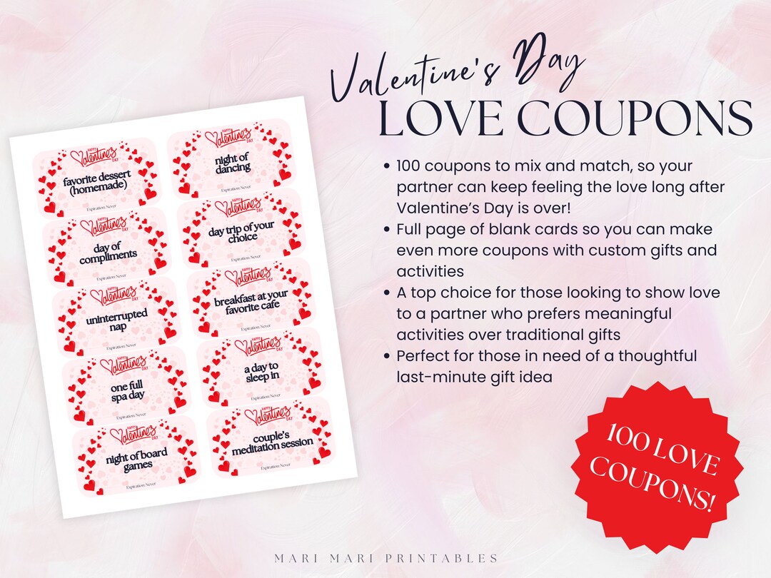 Valentine's Day Printable Love Coupons - Red Hearts - Etsy