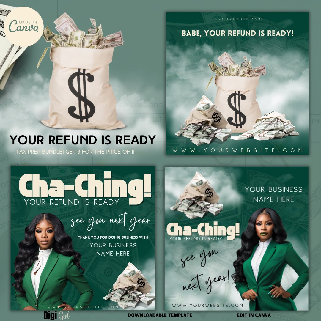 Cha-ching! Your Refund is Ready Tax Bundle, Books Now Template ...