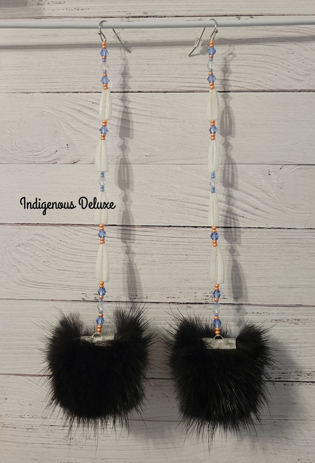 Beaded Dentalium Shell Earrings With Mink Fur Puffs - Etsy