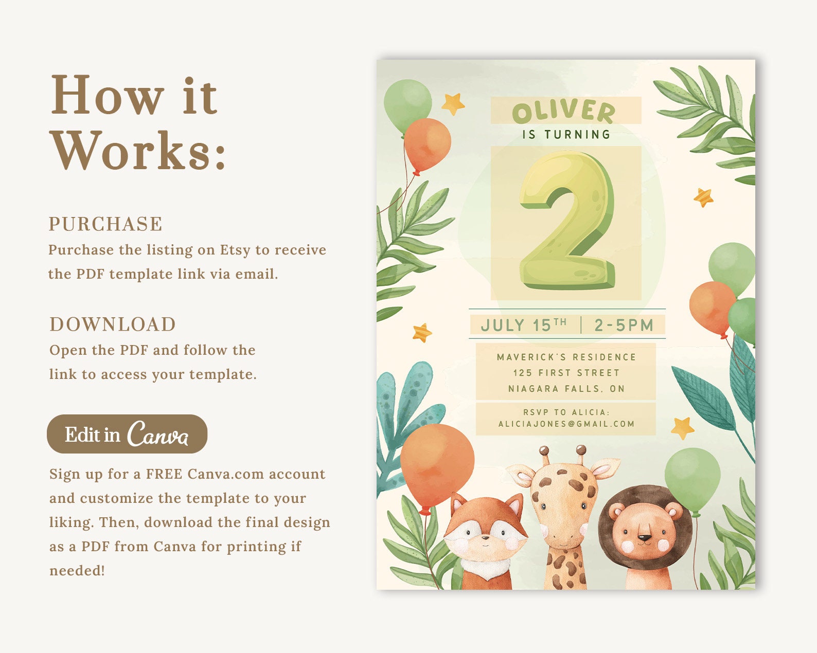 Editable Wild Animals Little Boy Birthday Party Invitation Template ...