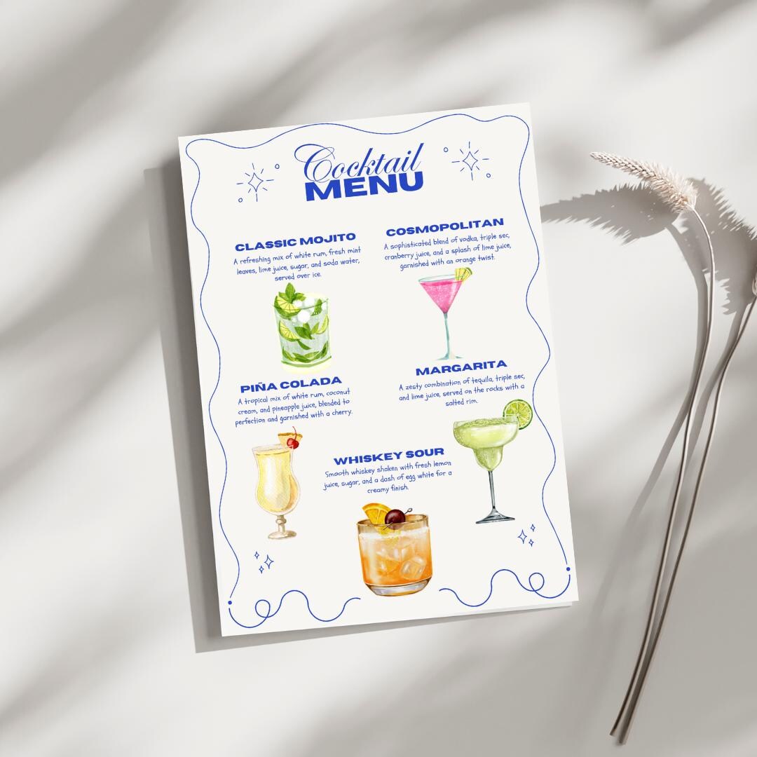Editable Cocktail Menu Template, Printable Bar Drinks List for Parties ...