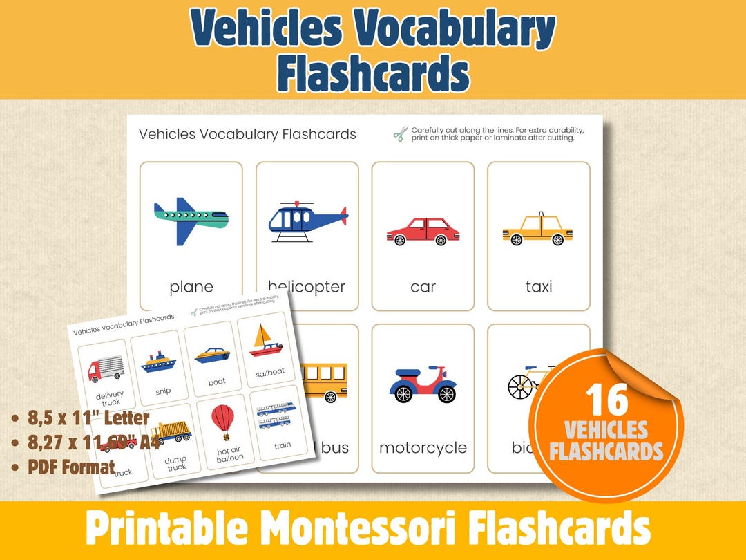 Montessori Vehicle Vocabulary Flashcards – 16 Printable ESL Cards for ...
