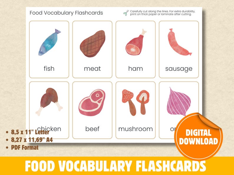 Montessori Food Vocabulary Flashcards for Kids – Printable PDF in A4 ...