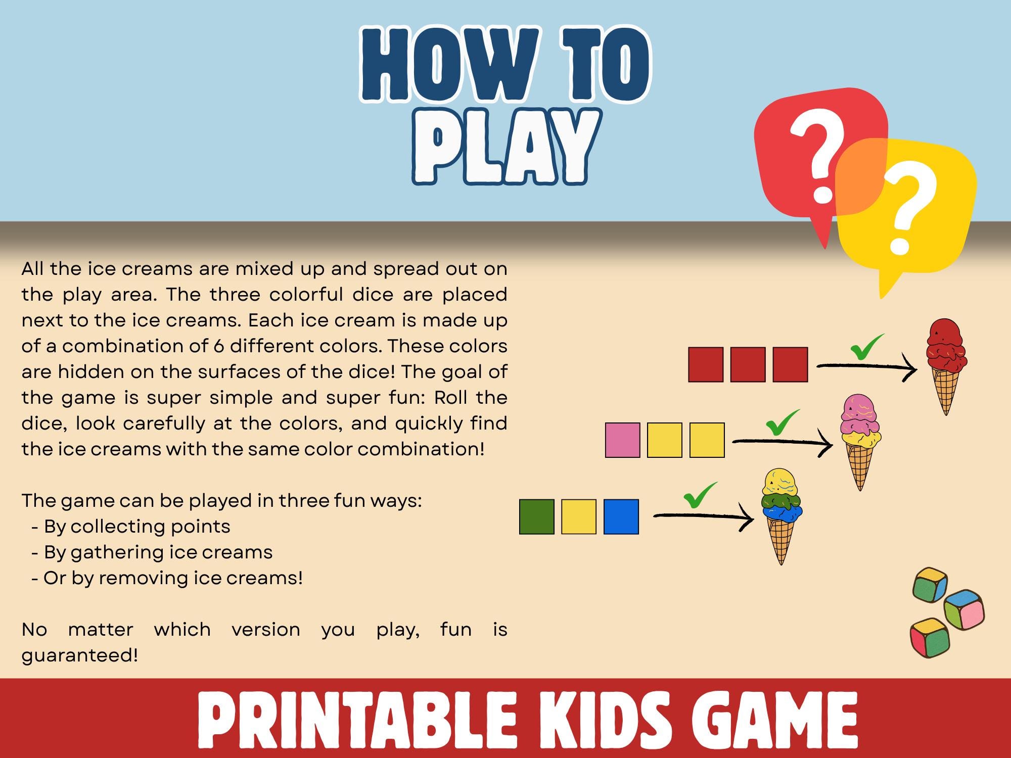 Ice Cream Detective Printable Game for Kids | Color Matching Dice Game ...